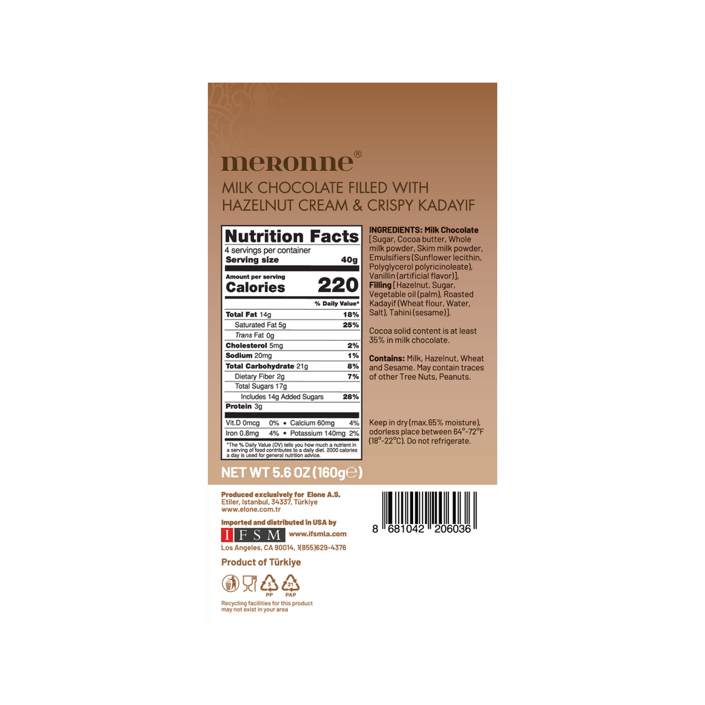Meronne Dubai Chocolate Bar 5.64oz - Milk Chocolate with Hazelnut Crea ...